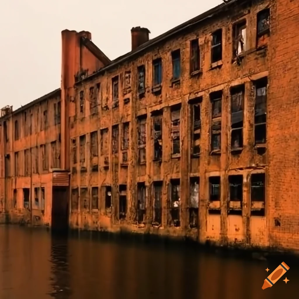 Close-up of an abandoned victorian factory sinking into the ocean in a ...