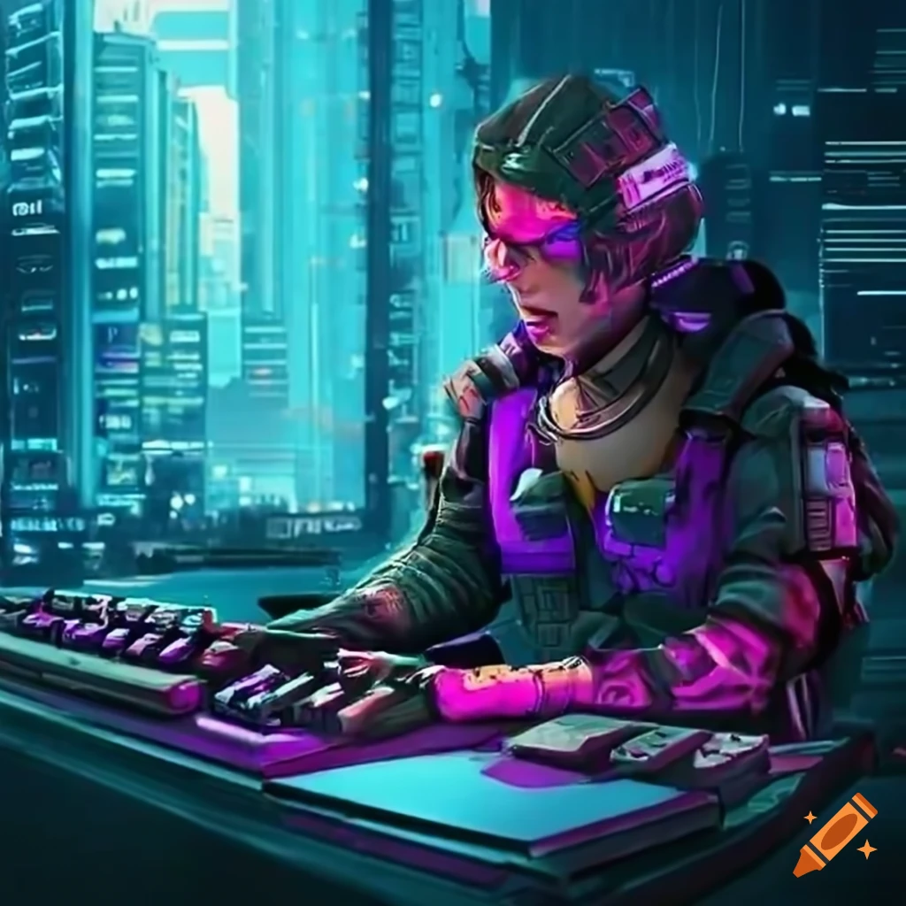 Cyberpunk coder typing on keyboard on Craiyon