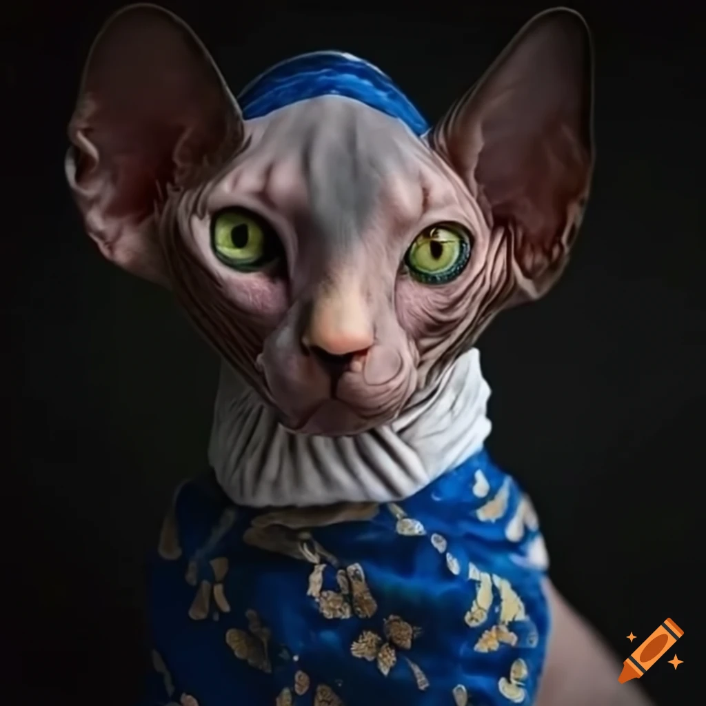 Hyper realistic giant sphynx cat in royal clothing overlooking a valley ...