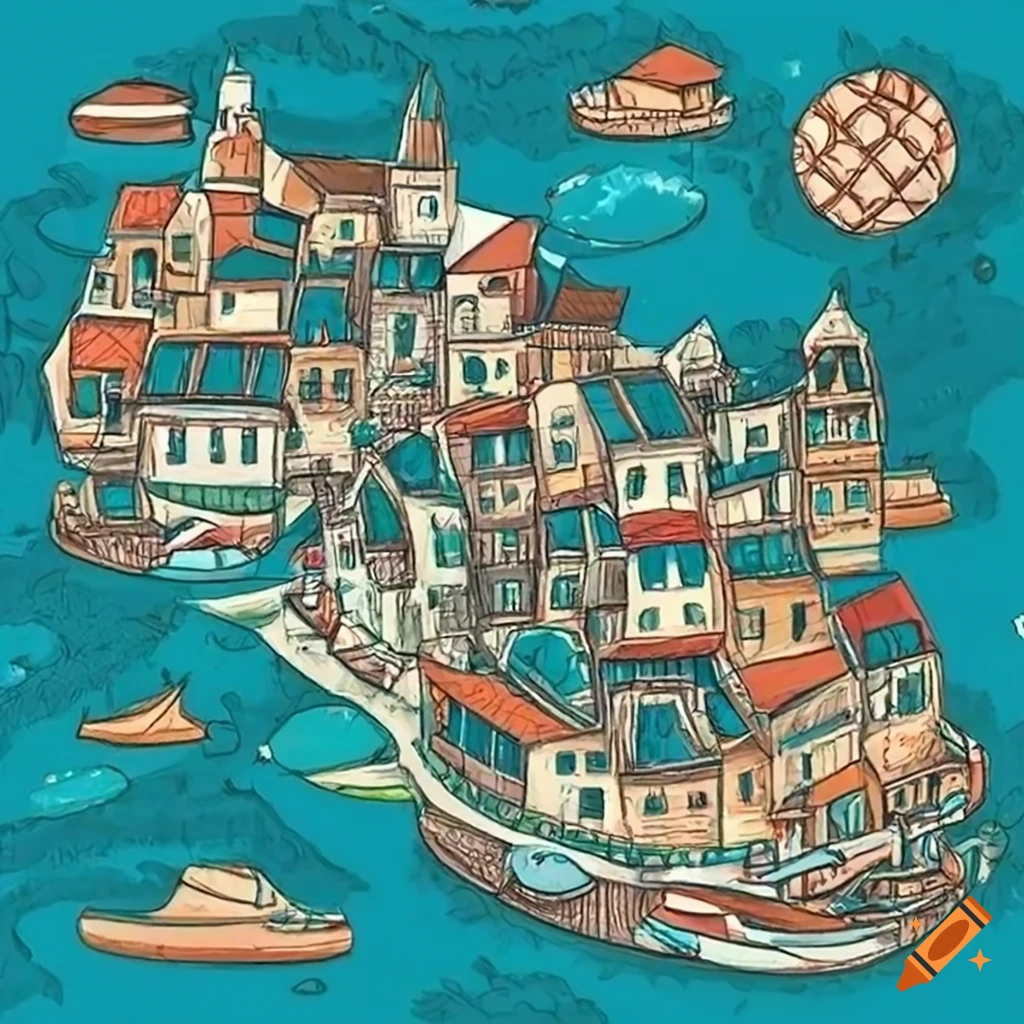 Aerial view of a fantasy coastal town drawing on Craiyon