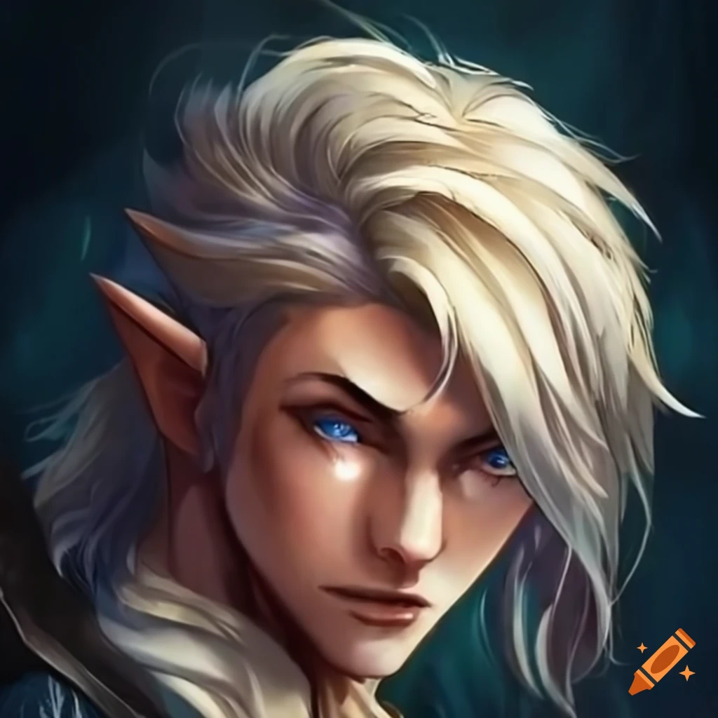 Portrait of a male half-elf with light blue eyes, blonde hair, and ...