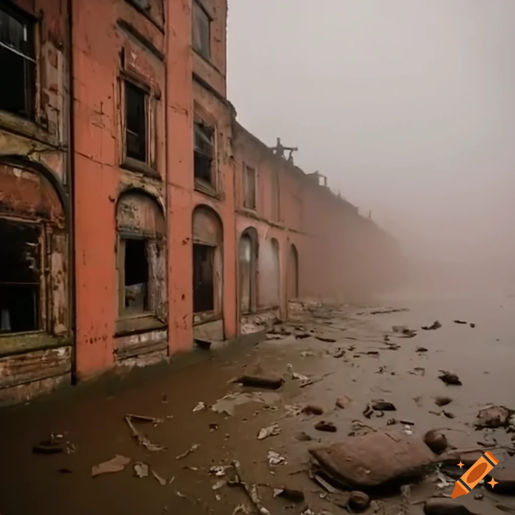 Close-up of abandoned Victorian factory sinking into ocean in pale ...