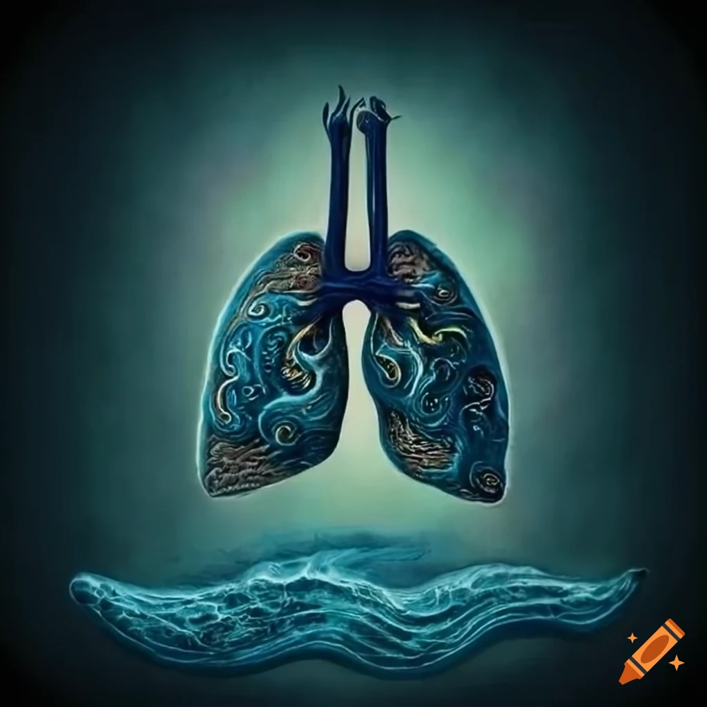 Escher-style treasure map in the shape of lungs with waves and a sea ...