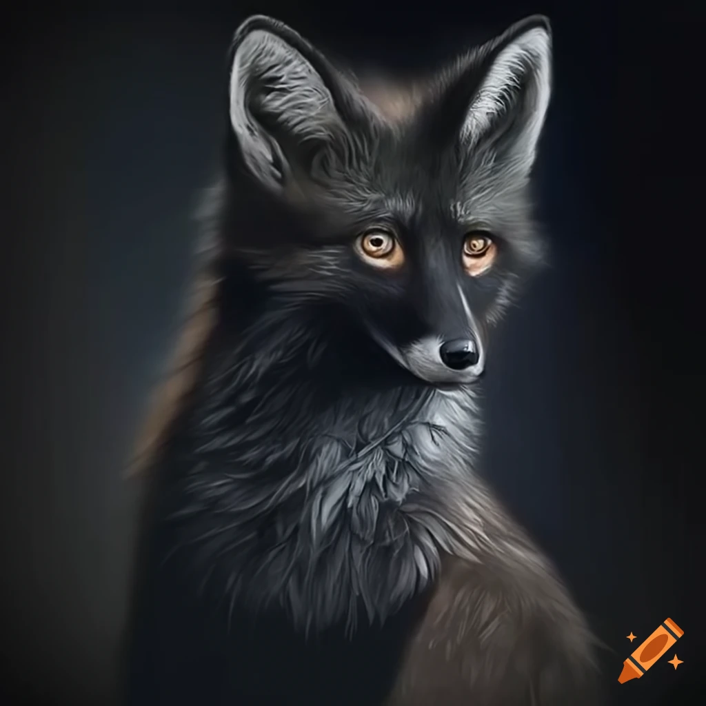 Hyper-realistic half-profile portrait of a gorgeous black fox on Craiyon