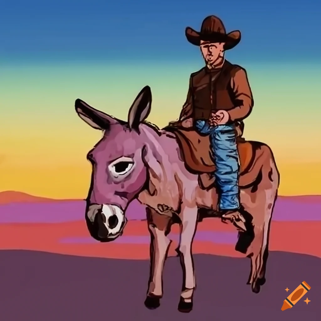 Cowboy riding donkey looking at sunset on Craiyon