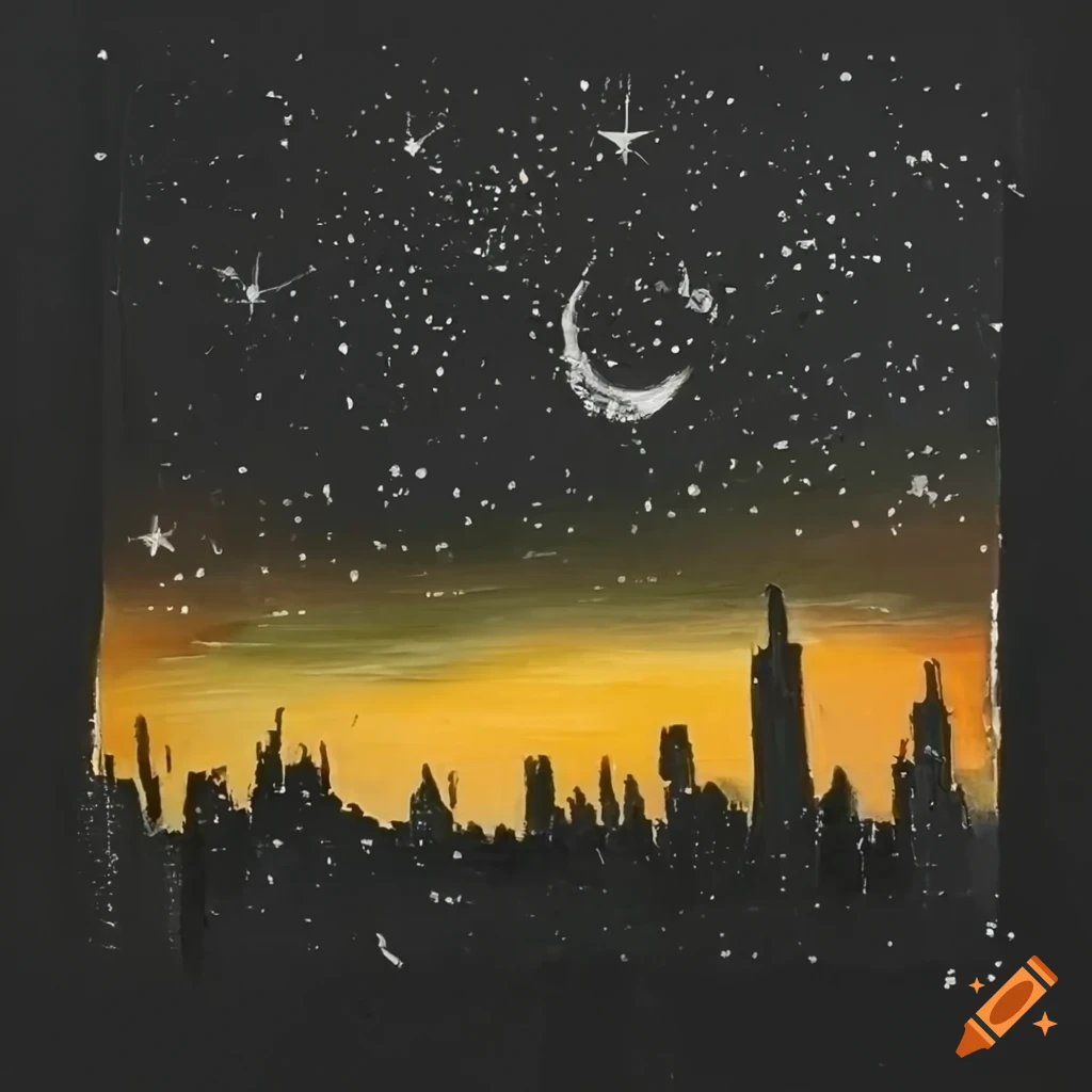 Acrylic painting of a starry night sky over a simplified cityscape on ...