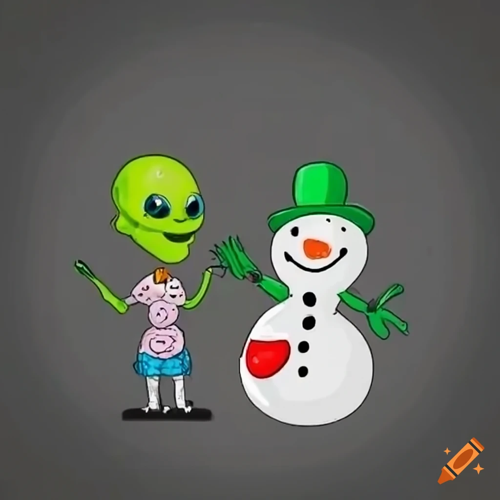 Snowman and green alien enjoying soda during quirky hours on Craiyon