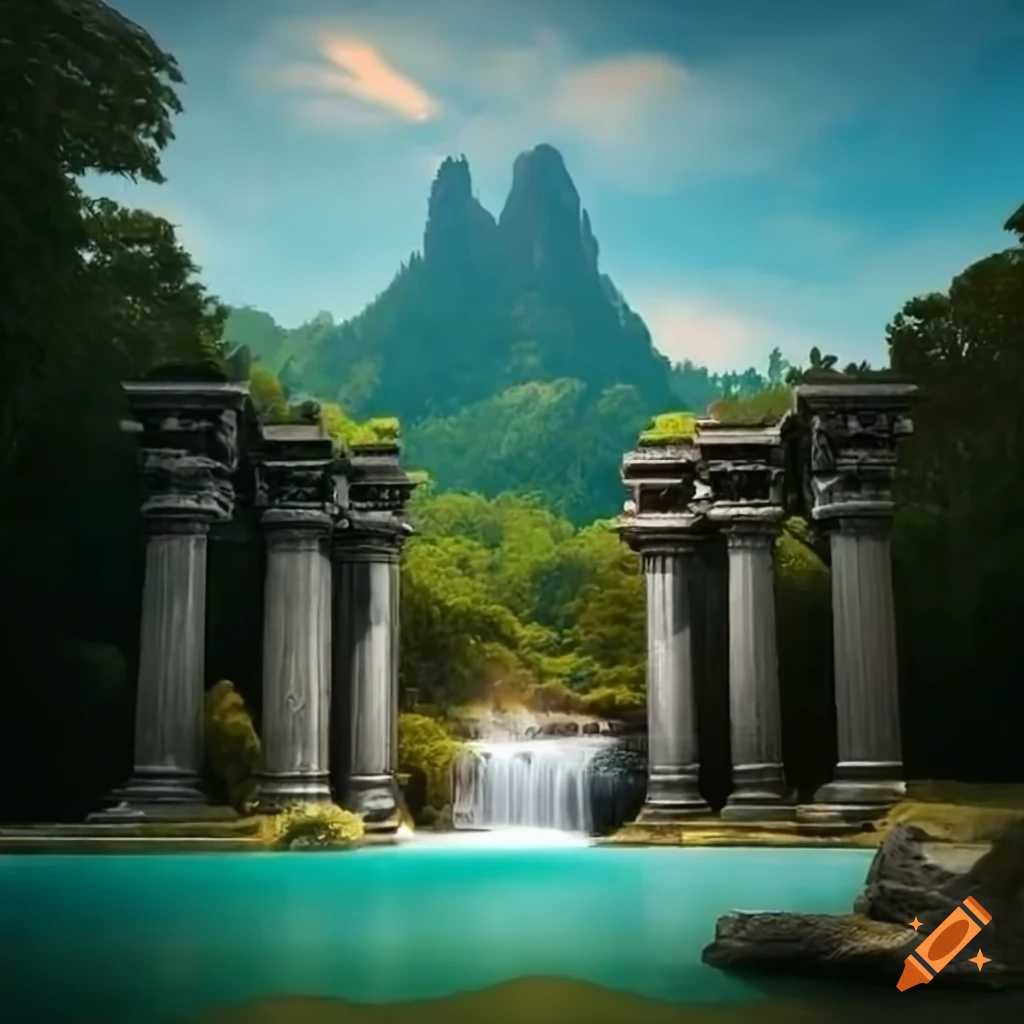 Large temple with water columns, thermal pools, mountains, and ...