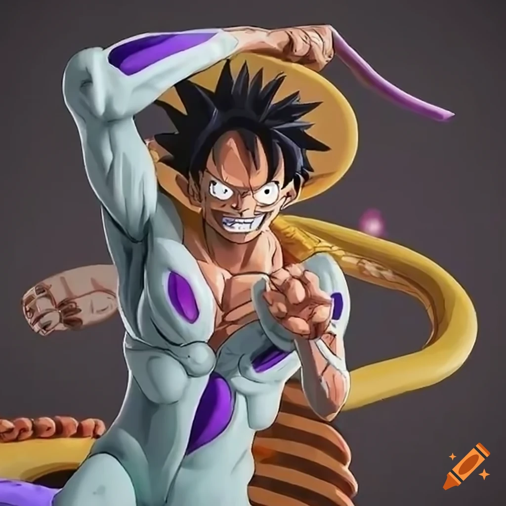 Art of super saiyan luffy battling frieza in a dramatic showdown on Craiyon