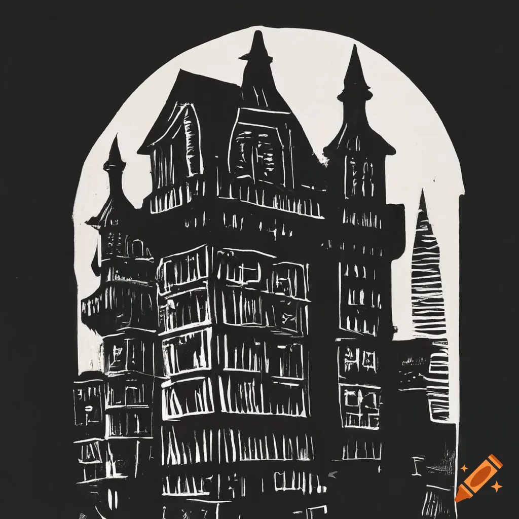 Linocut black and white sunset over buildings on Craiyon