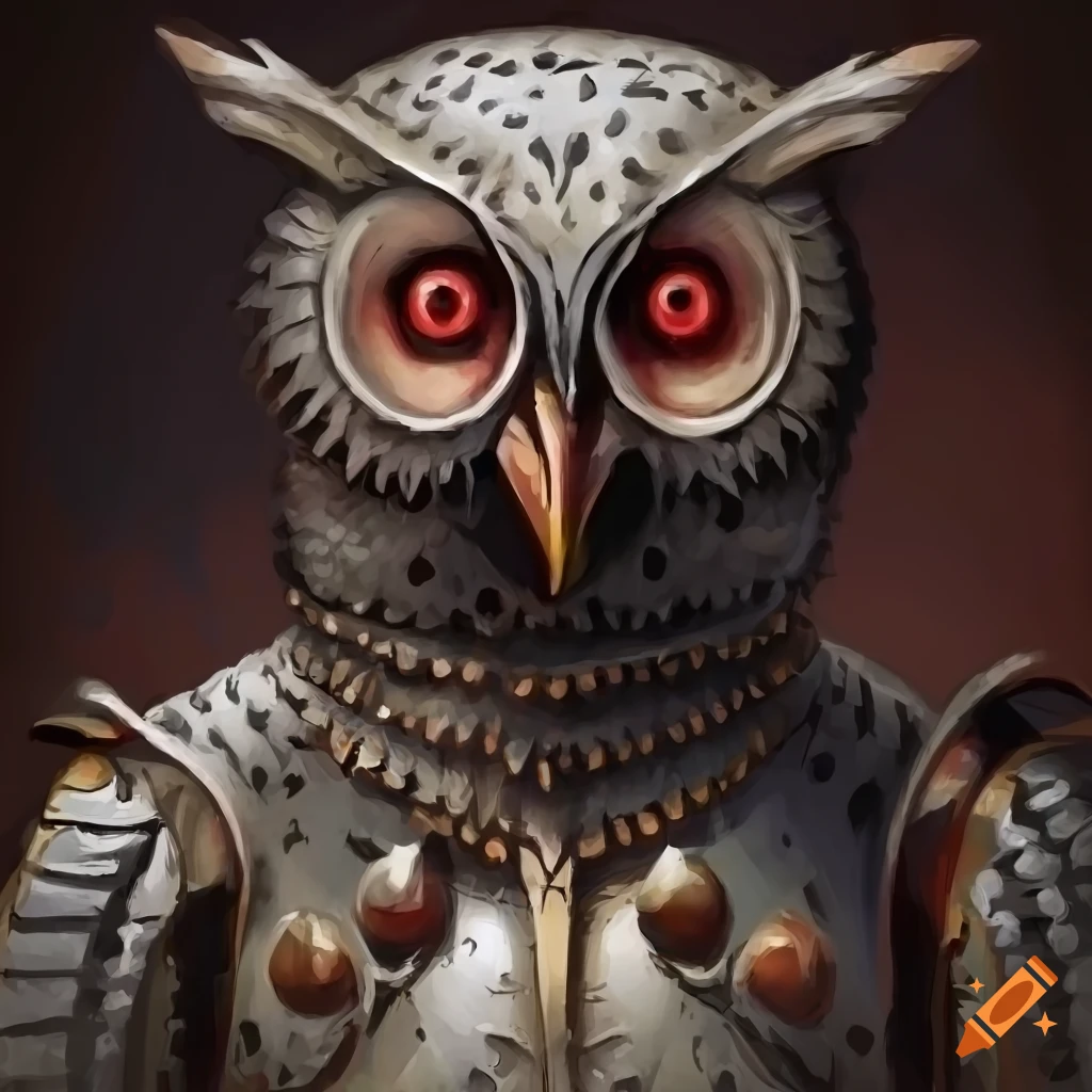 Humanoid owl in metal armor in a Middle Ages board game style on Craiyon