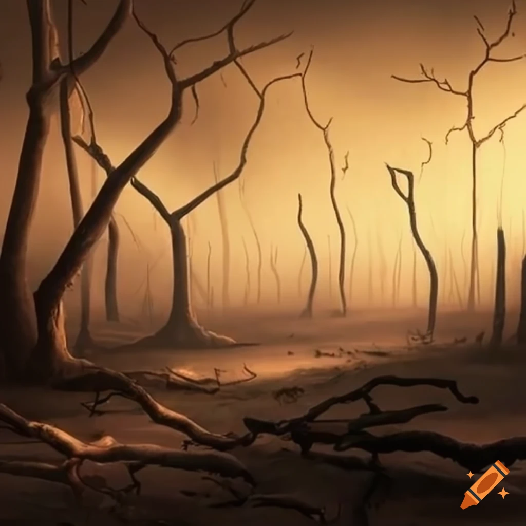 Barren forest in a post-apocalyptic future with worsened climate change ...