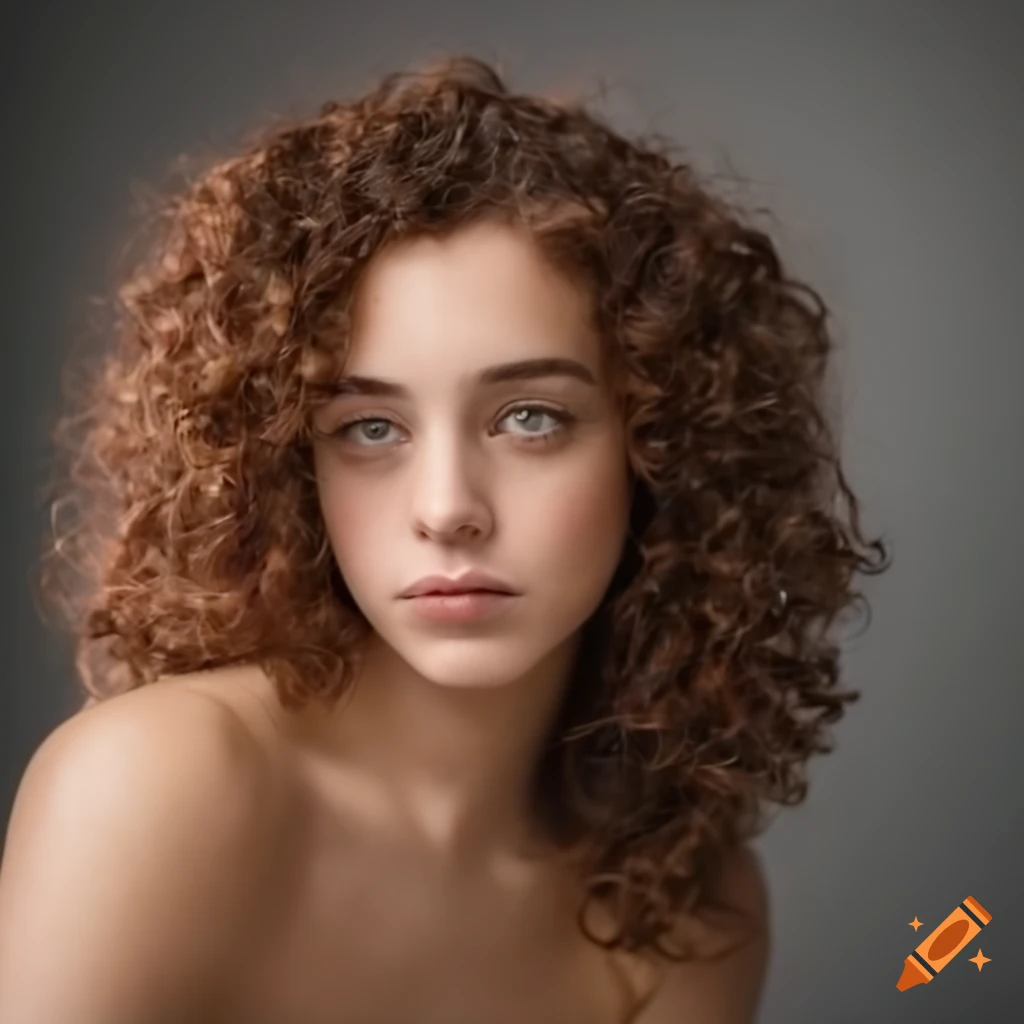 Close-up portrait of a young person with brown curly hair and green eyes on Craiyon