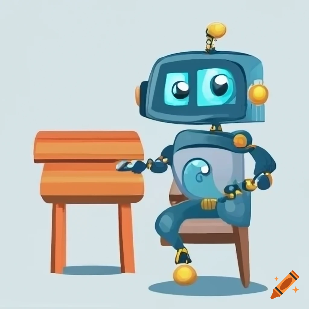 Cartoon style robot sitting on a chair on Craiyon