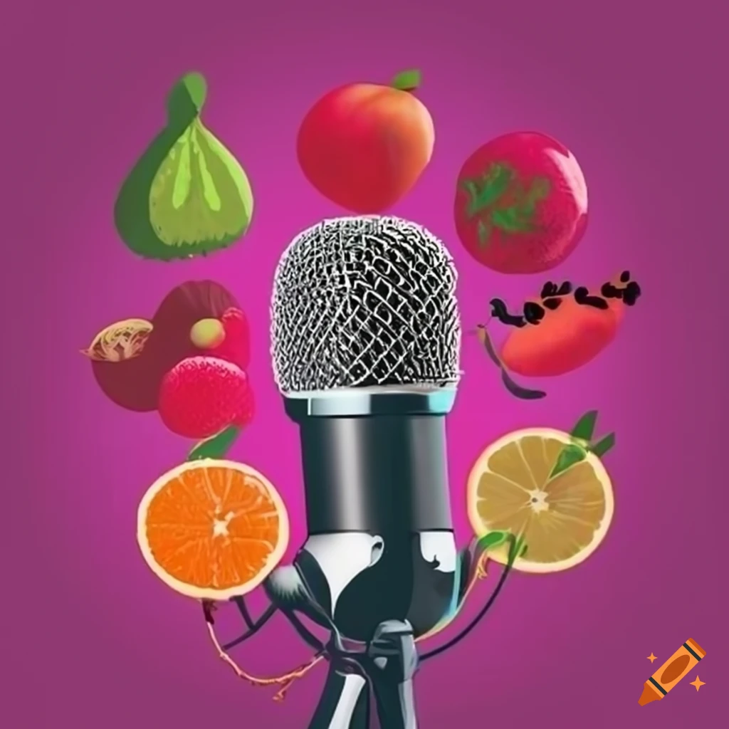 Food Glorious Food podcast logo with microphone and various fruits and ...