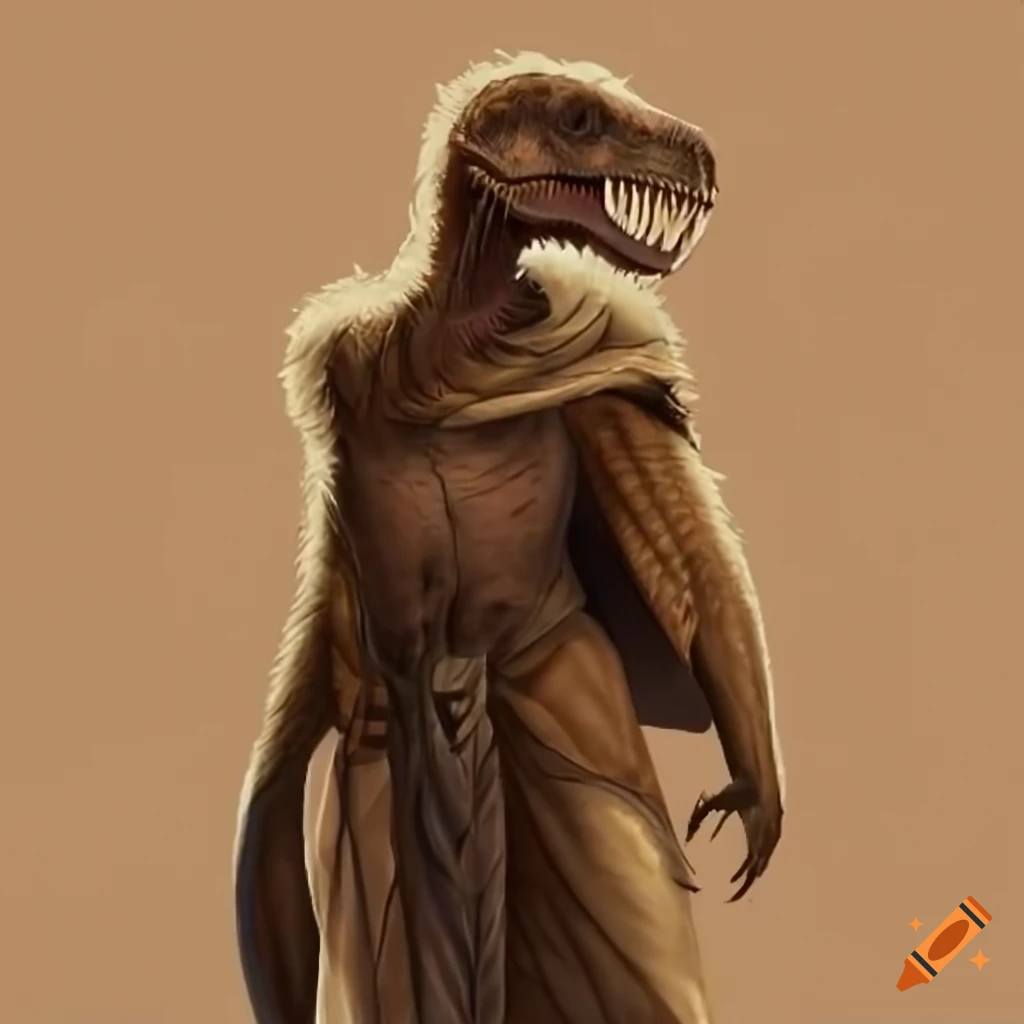 Brown male humanoid t-rex with dark brown warrior outfit and feathery hair on Craiyon