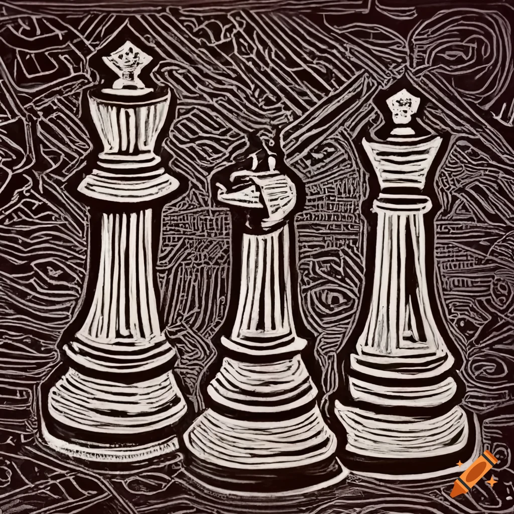Vintage artistic linocut chess rook with shadows on Craiyon