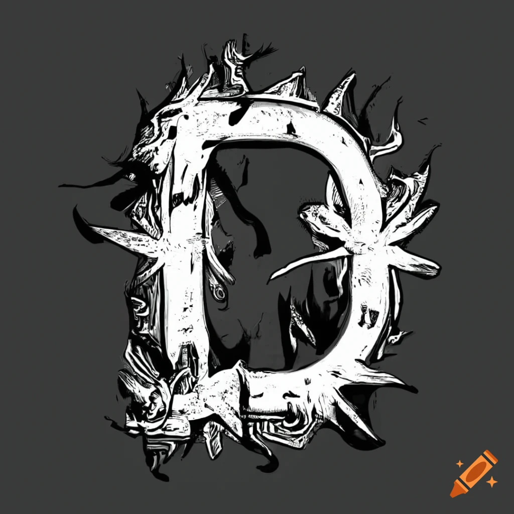 Bold deathcore letter d in monochromatic black and white on Craiyon