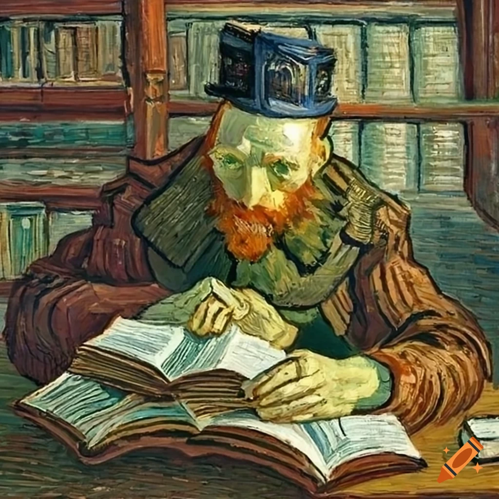 Vincent van gogh reading a book in a mythical library on Craiyon