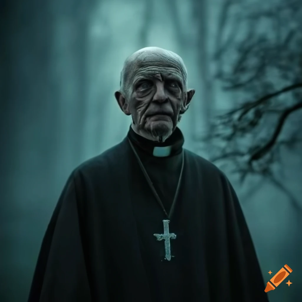 Portrait of a stern-looking priest in a moonlit cemetery on Craiyon