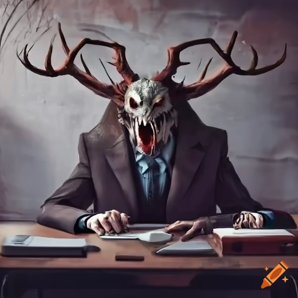 Sinister wendigo with black eyes in a suit sitting in an old office on ...
