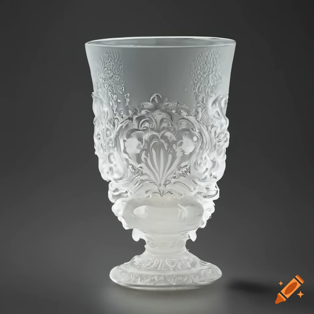 Milky white frosted glass goblet with ornate baroque design on Craiyon
