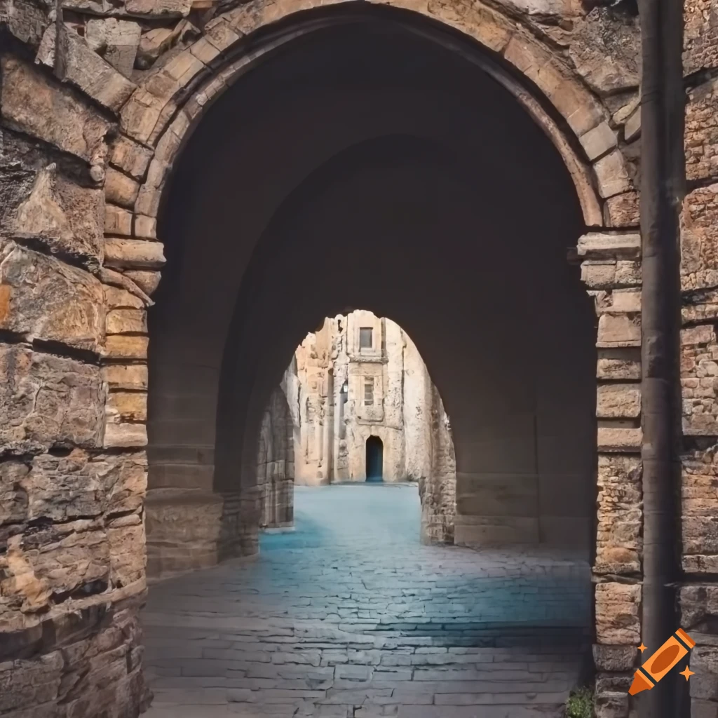 Stone archways in a medieval castle city on Craiyon