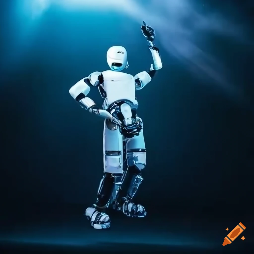 Humanoid robot performing ballet with blue and green stage lights on ...