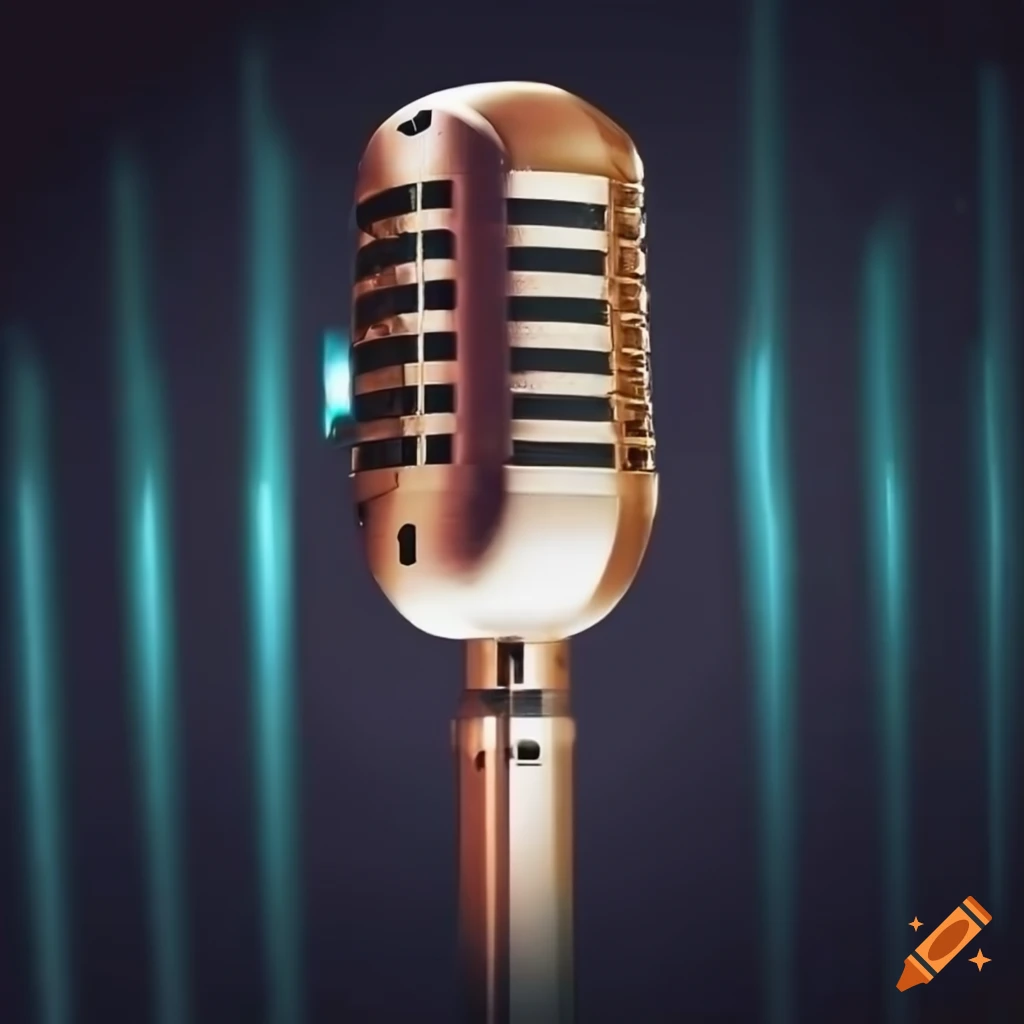 Art deco microphone on stage with sound waves against a dark background ...