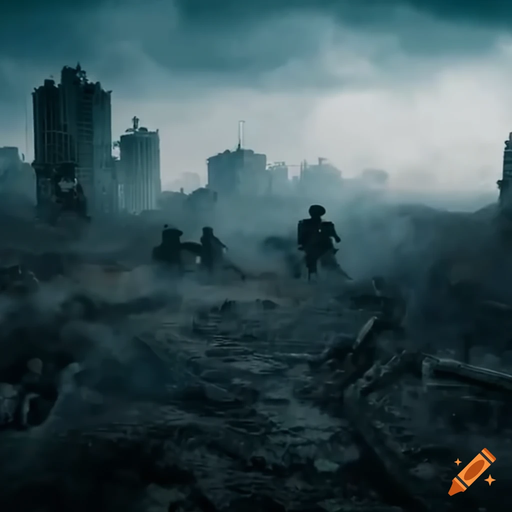 Dramatic landscape of bulky soldiers fighting in an otherworldly ...