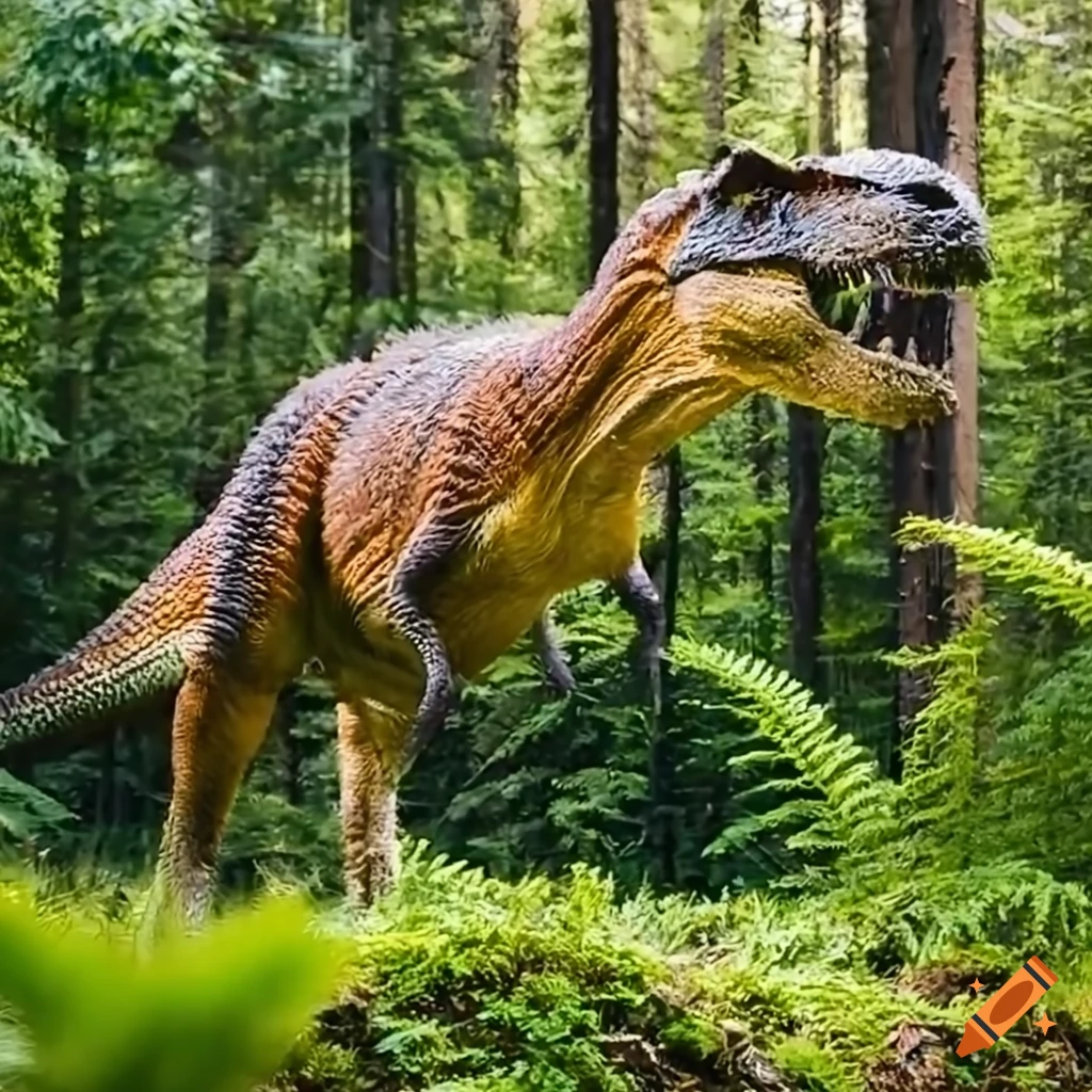 Feathered t-rex with fox color pattern in British Columbia forest on ...