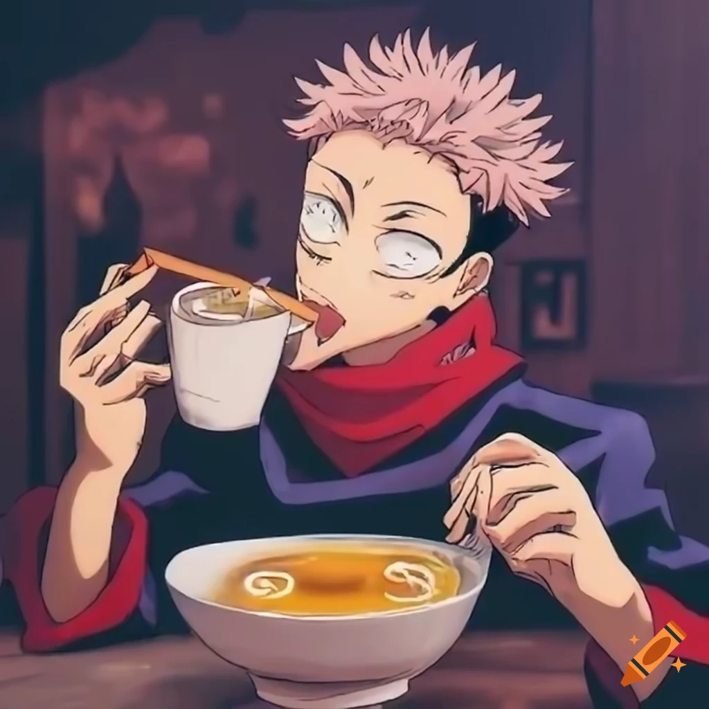Yuji itadori from jujutsu kaisen enjoying a bowl of ramen on Craiyon