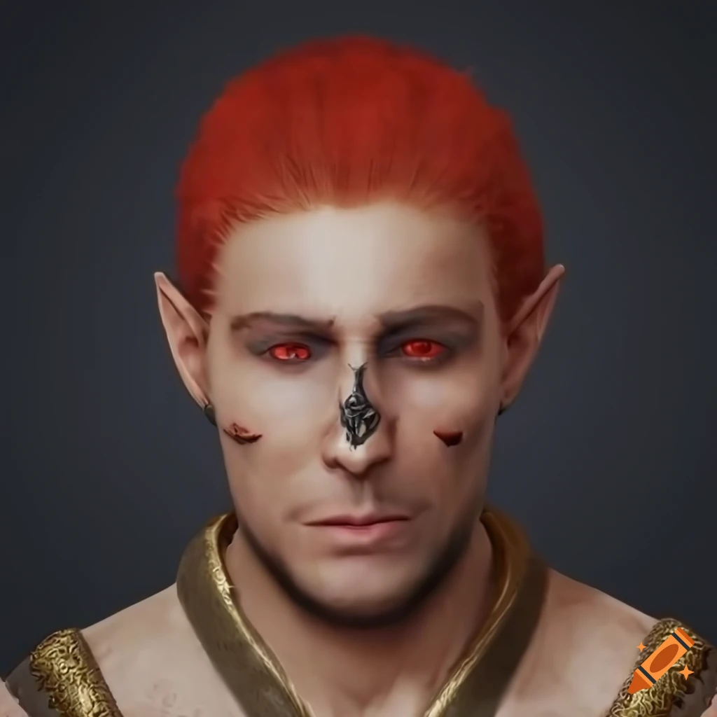 Portrait of Etruscan-Hittite pale-skinned elf religious man with red ...