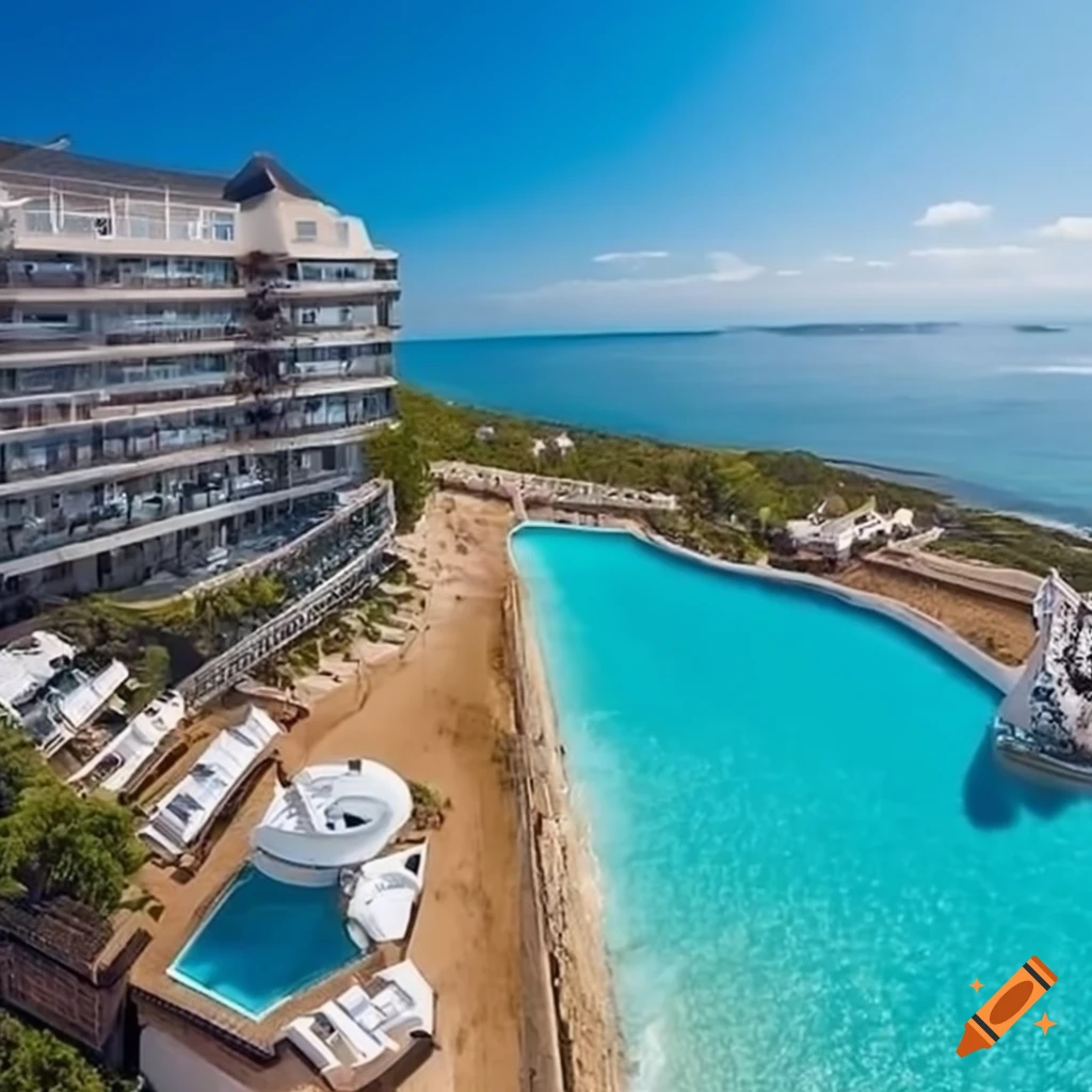 Luxurious oceanfront hotel surrounded by stunning coastline on Craiyon