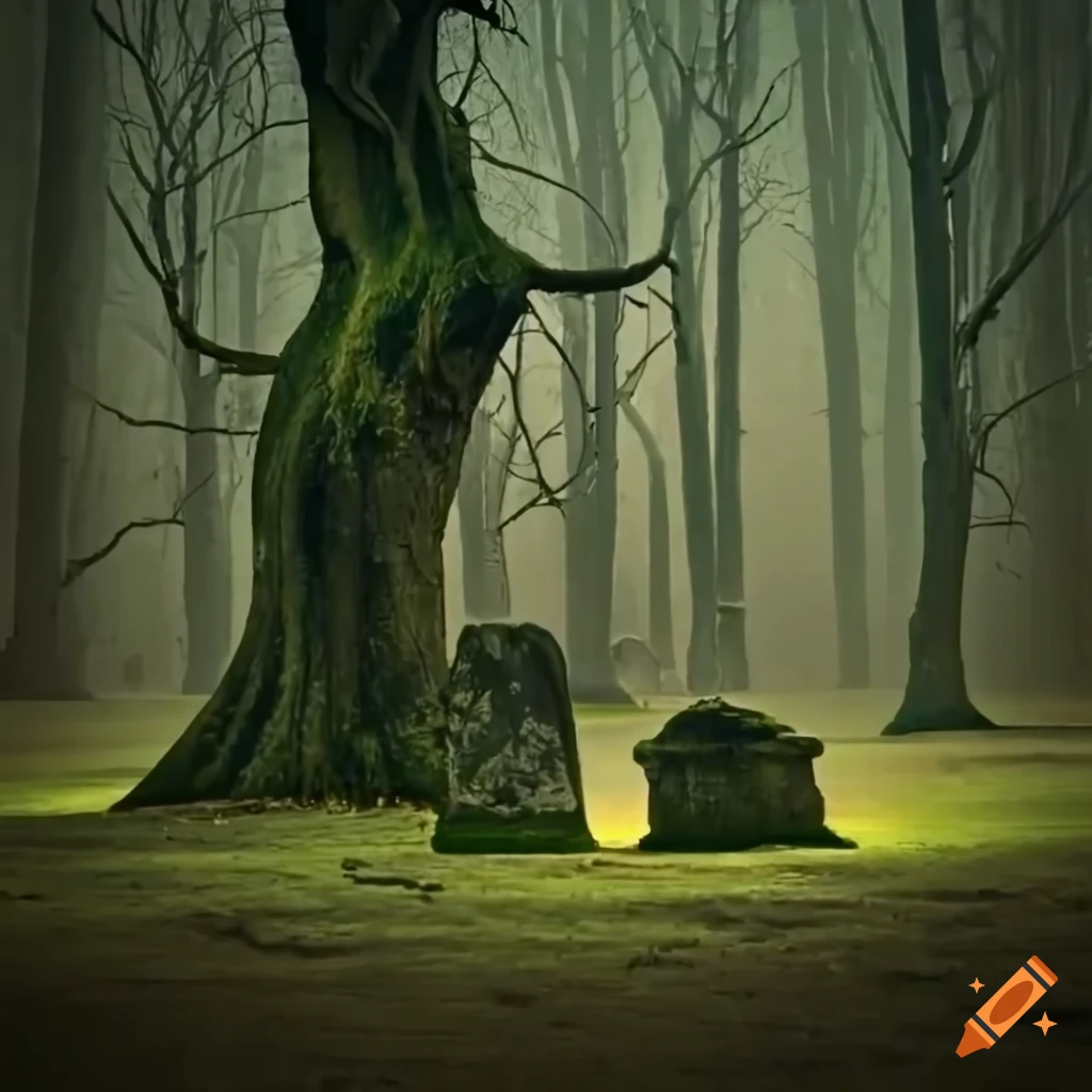 Two ancient tombstones in front of a gnarled tree in a forest on Craiyon