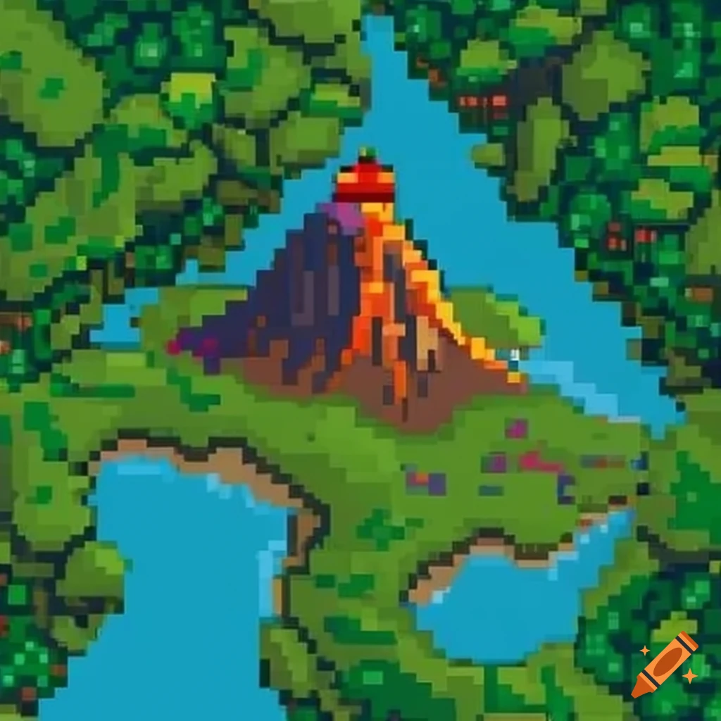 Pixel art of a lush island with a majestic peak, volcano, tall trees, and tropical caves on Craiyon