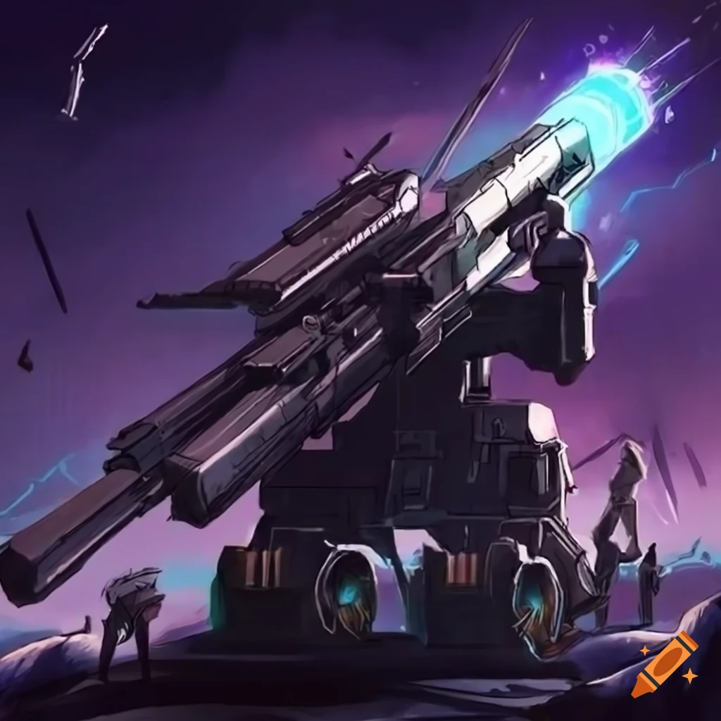 Futuristic artillery with banners and gun in anime style on Craiyon