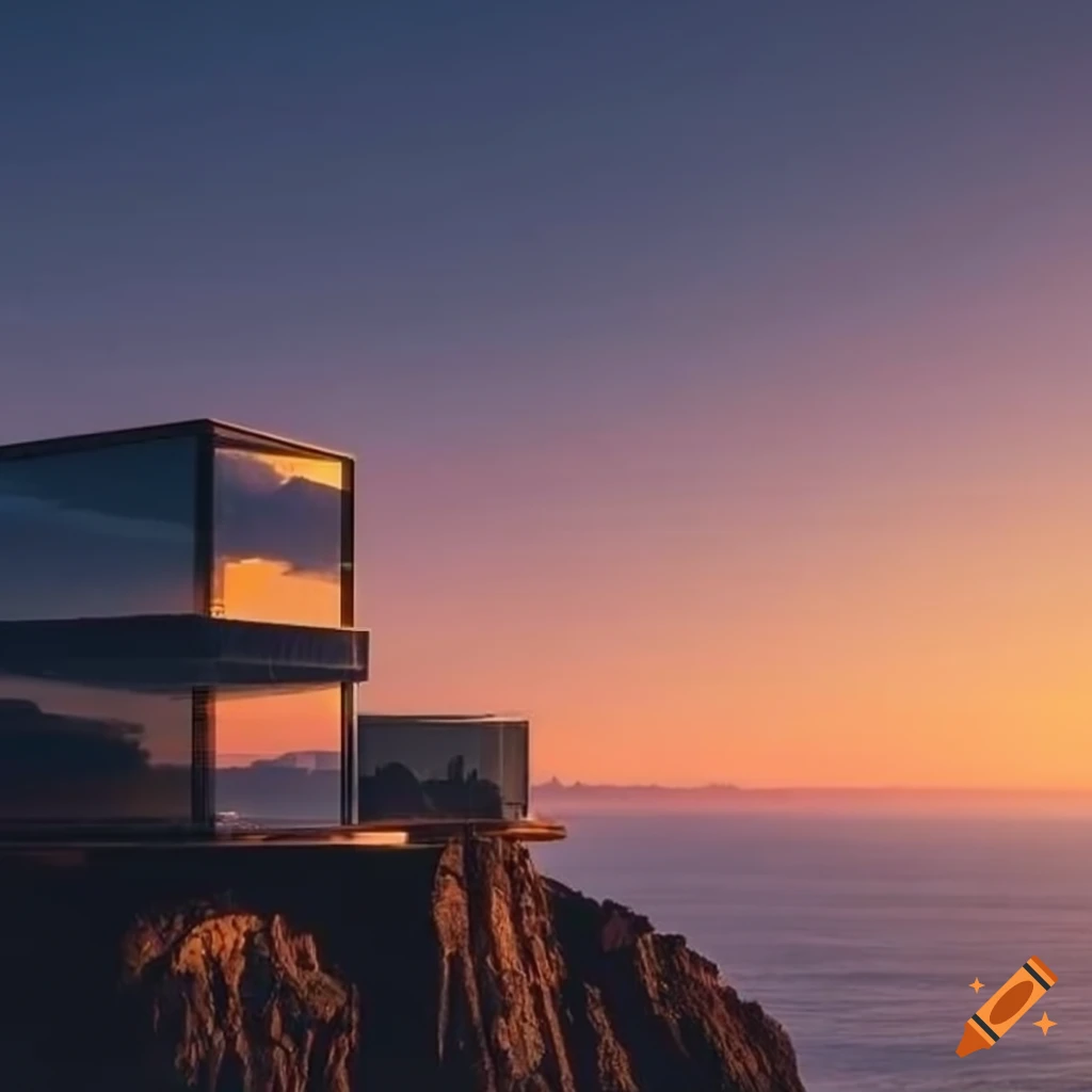 Modern architectural building with large windows overlooking serene ...