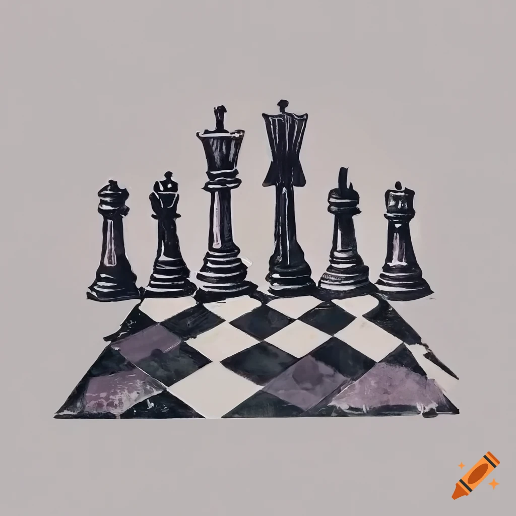 Vintage chess set in artistic shadow, linocut style on Craiyon