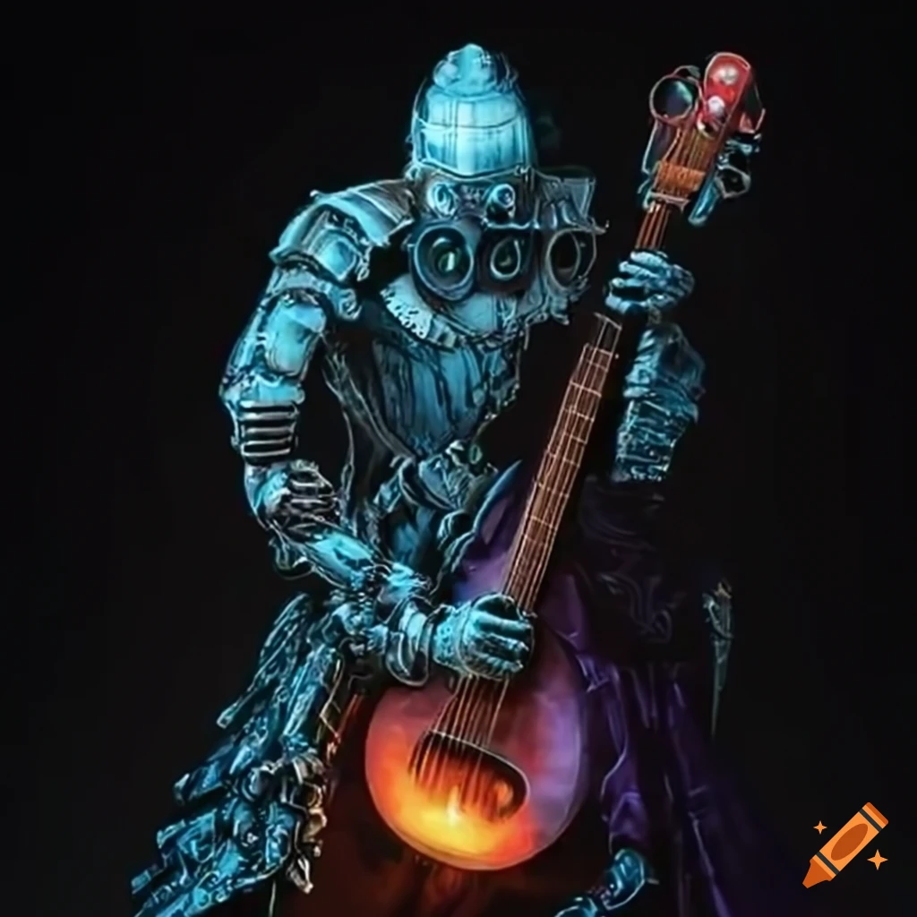 Wizard warrior robot with a guitar on Craiyon