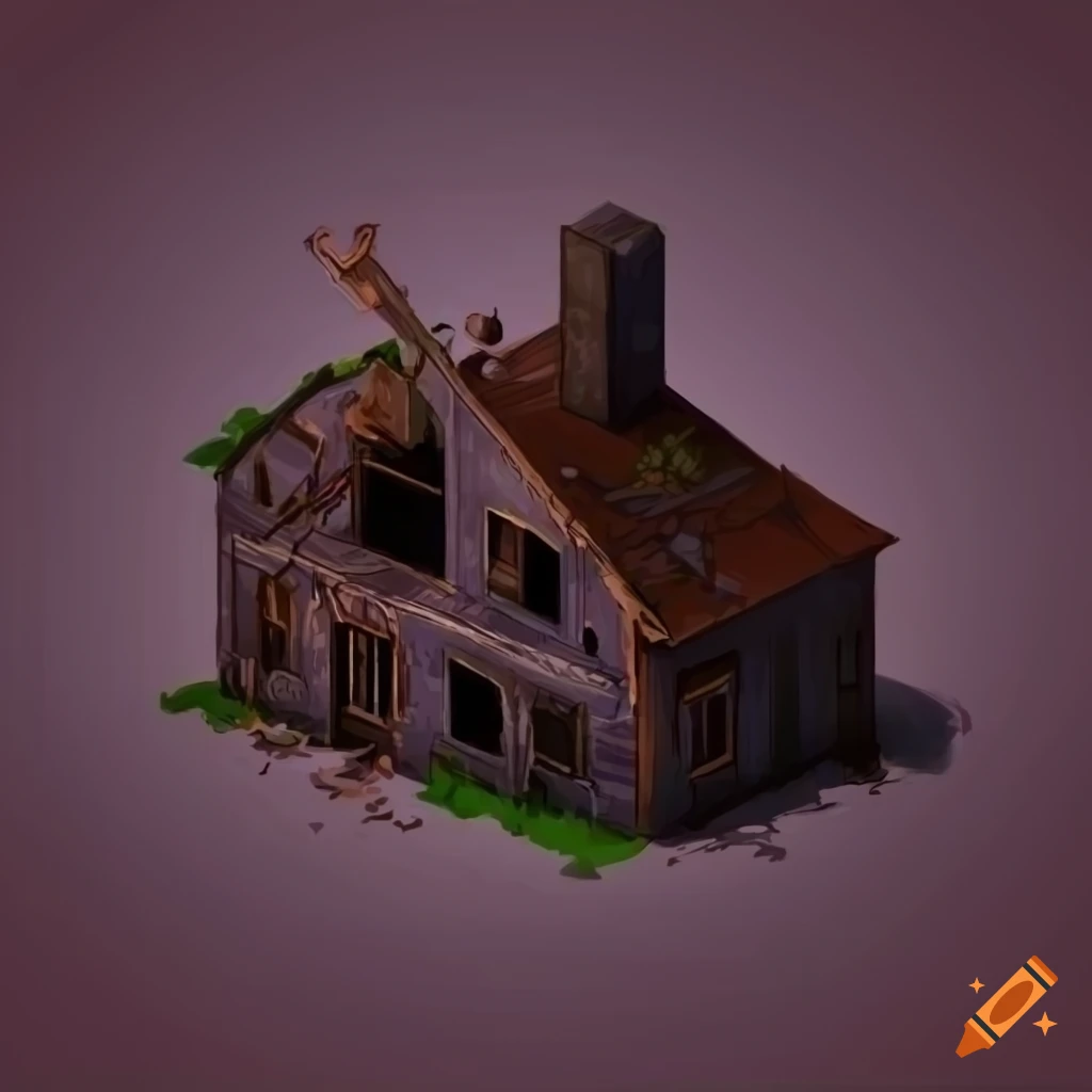 Isometric illustration of an abandoned house on Craiyon