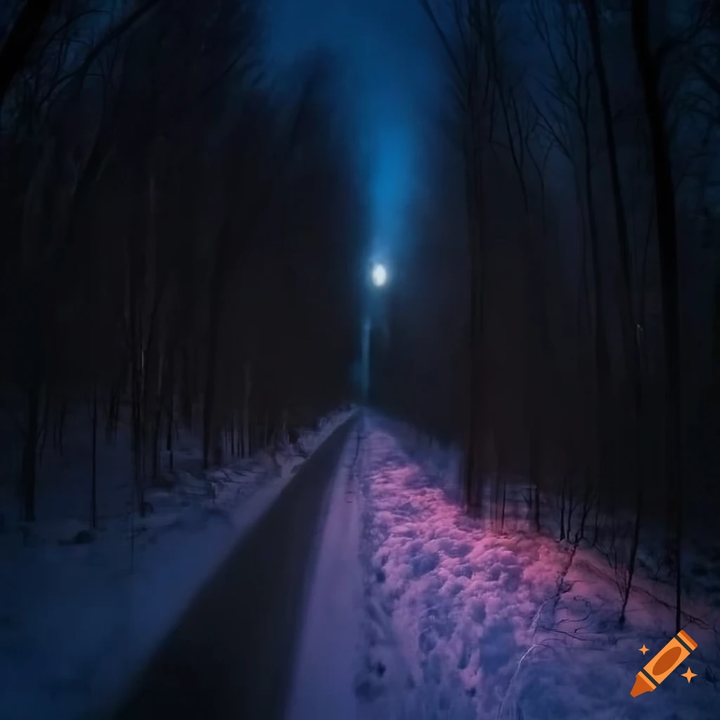 Fisheye view of a winter path with railway under a dark sky on Craiyon