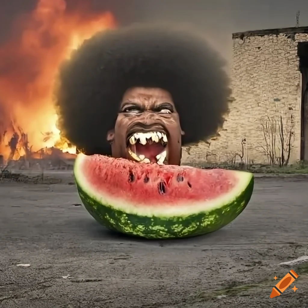 Angry watermelon with afro and gold teeth in front of burning buildings ...