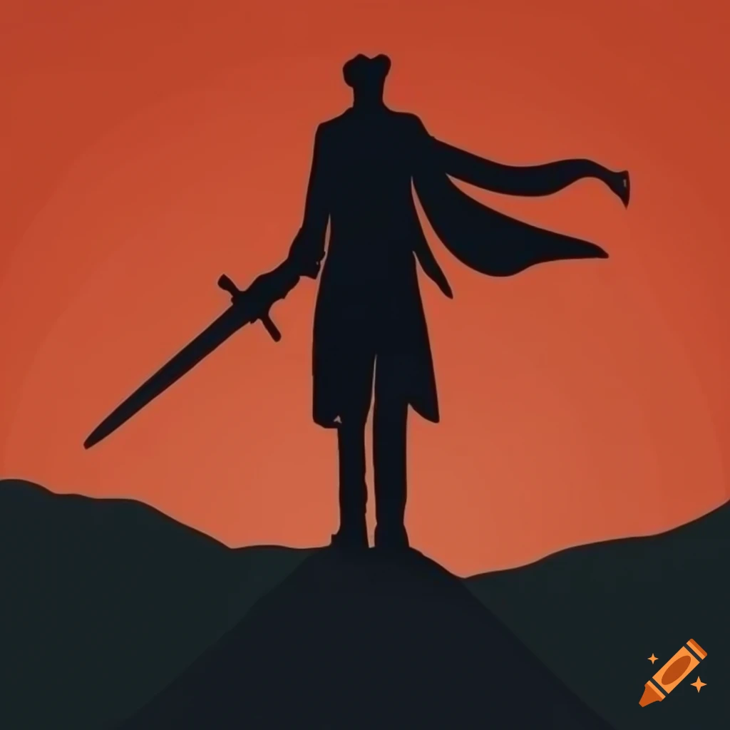 Villain silhouette with sword looking at red sunset from hilltop on Craiyon