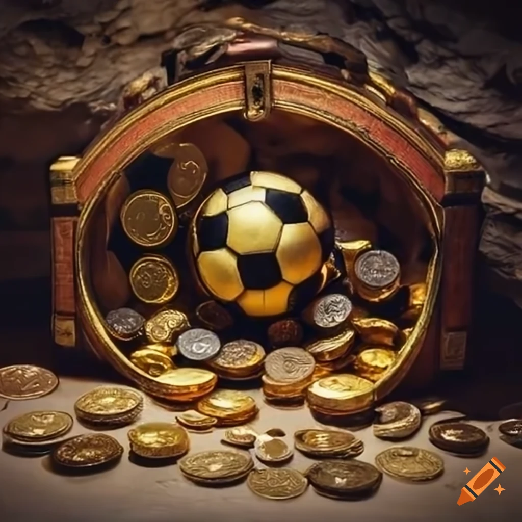 Treasure chest with gold soccer balls and coins in a cave on Craiyon