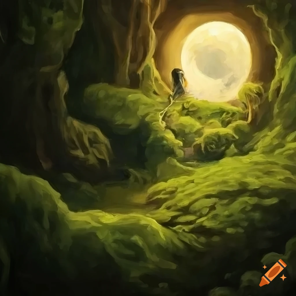 Mossy cave interior with cats and moonlight shining through the top on ...