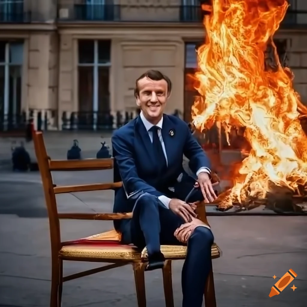 Smiling Macron sitting in a chair amid street flames in Paris on Craiyon
