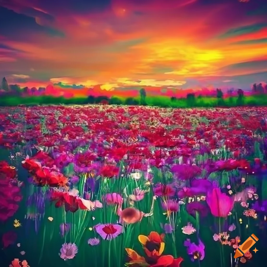 Colorful flower field in a wide angle fantasy setting on Craiyon