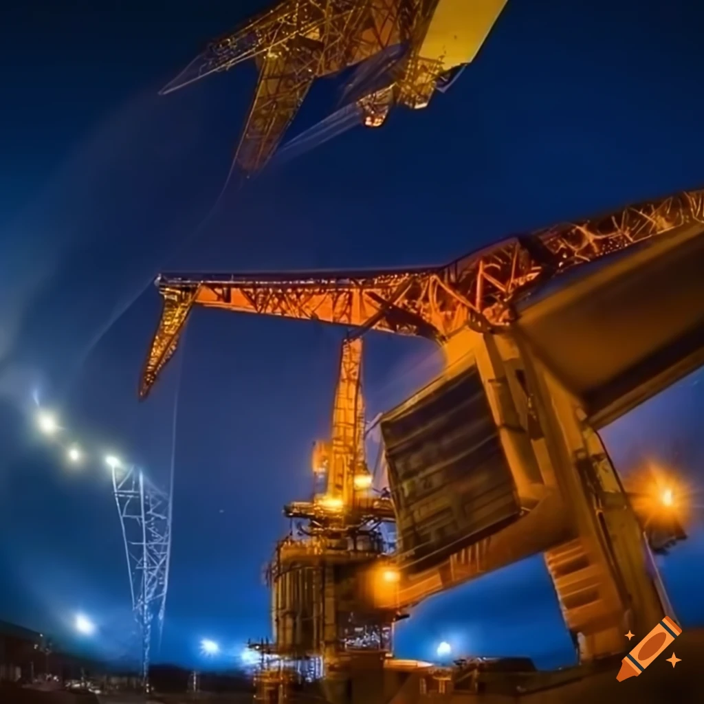 Industrial cranes at night from a worm's eye view on Craiyon