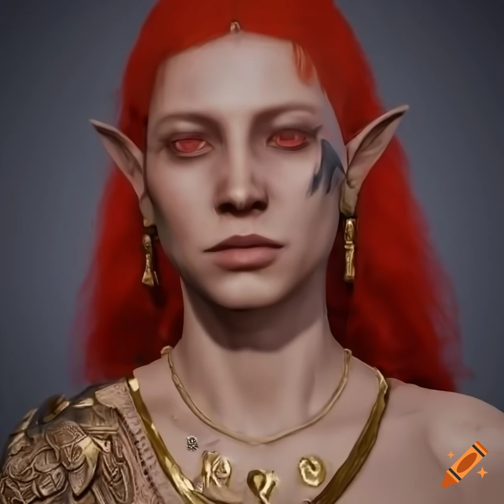 Portrait of a pale-skinned elf religious woman with red hair and a ...